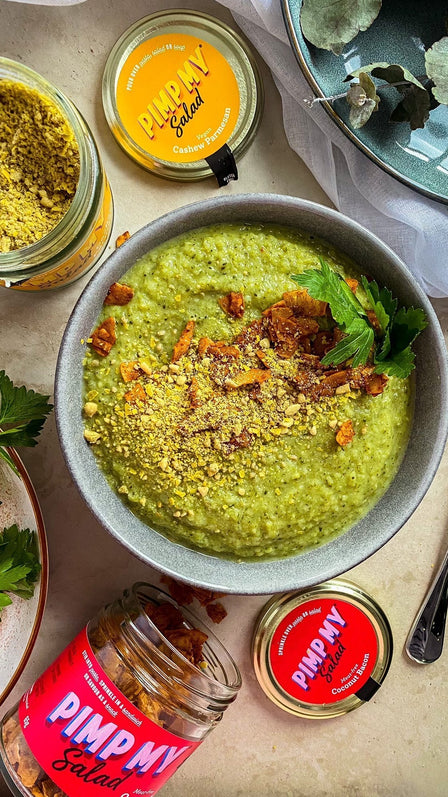 Broccoli Soup | Cashew Parmesan & Coconut Bacon — Pimp My Salad